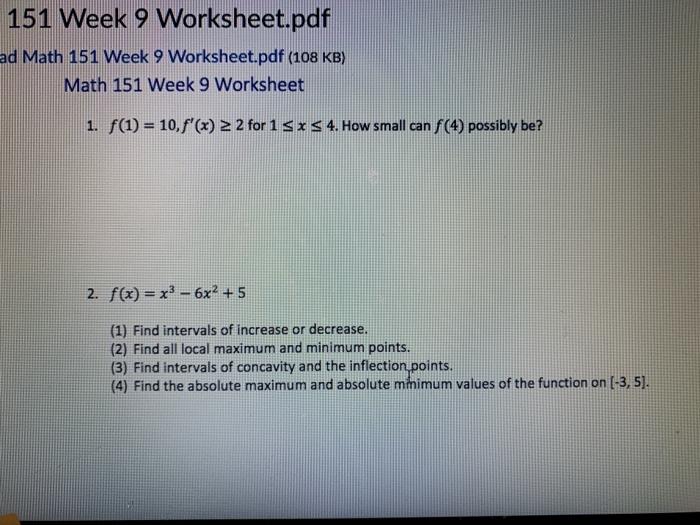 Solved 151 Week 9 Worksheet.pdf ad Math 151 Week 9 | Chegg.com
