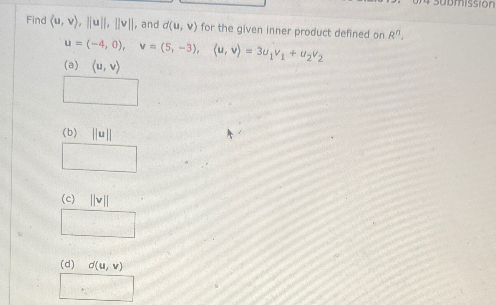 Solved Find (:u,v:),||u||,||v||, ﻿and d(u,v) ﻿for the given | Chegg.com