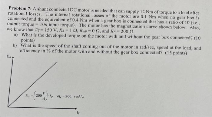 Solved Problem 7: A shunt connected DC motor is needed that | Chegg.com