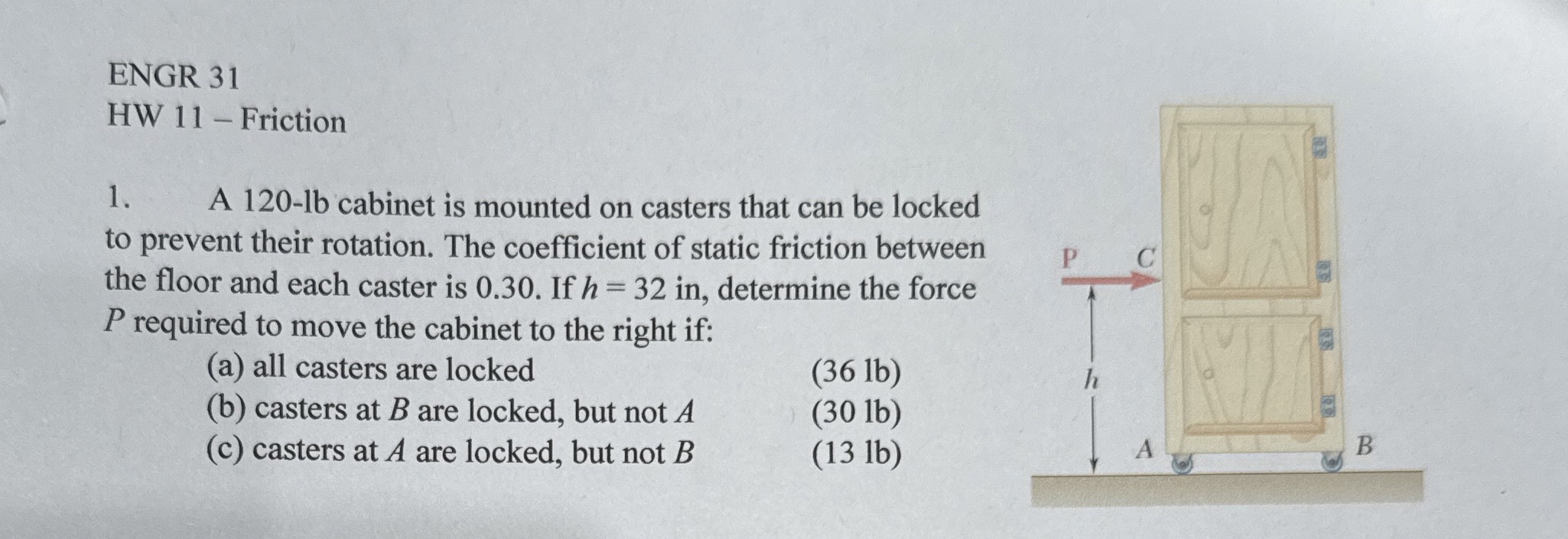 Solved ENGR 31HW 11 - ﻿FrictionA 120-lb ﻿cabinet is mounted | Chegg.com