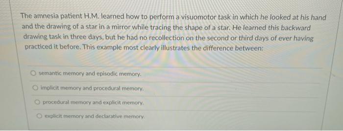 Solved The amnesia patient H.M. learned how to perform a | Chegg.com