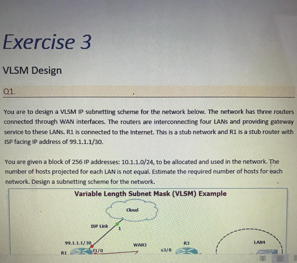Solved Exercise 3 VLSM Design 01. You are to design a VLSM | Chegg.com