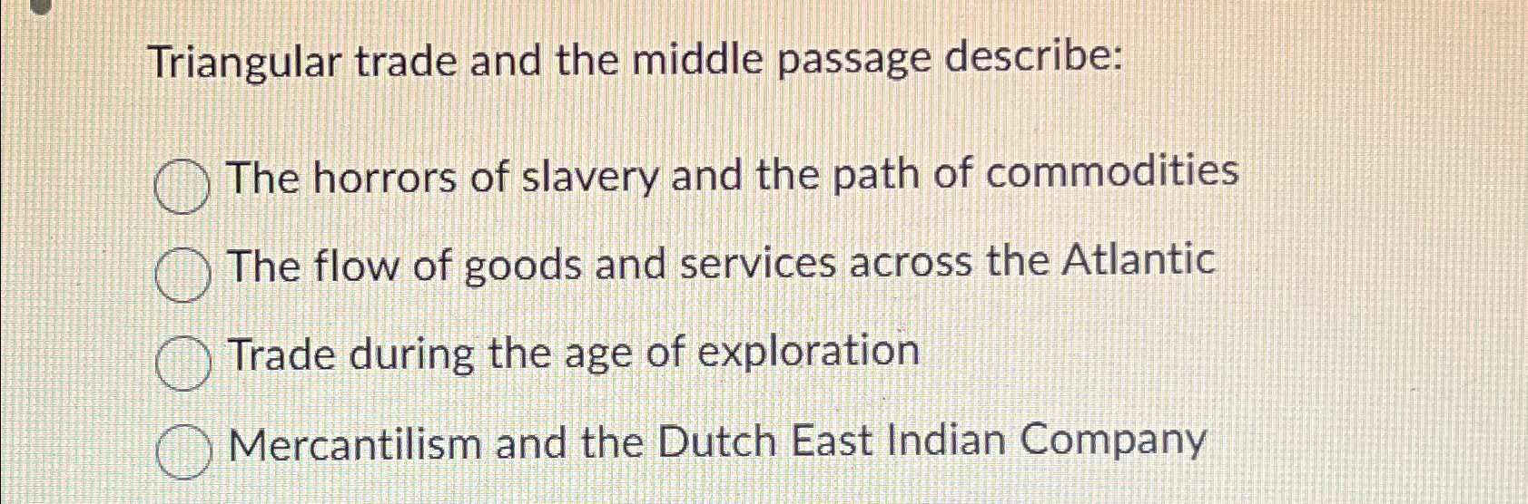 Solved Triangular trade and the middle passage describe:The | Chegg.com