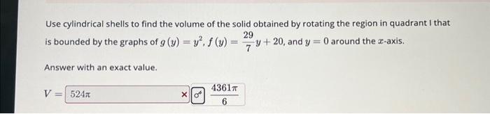 Solved using shell method the answer is 4361/6 pi. how do | Chegg.com