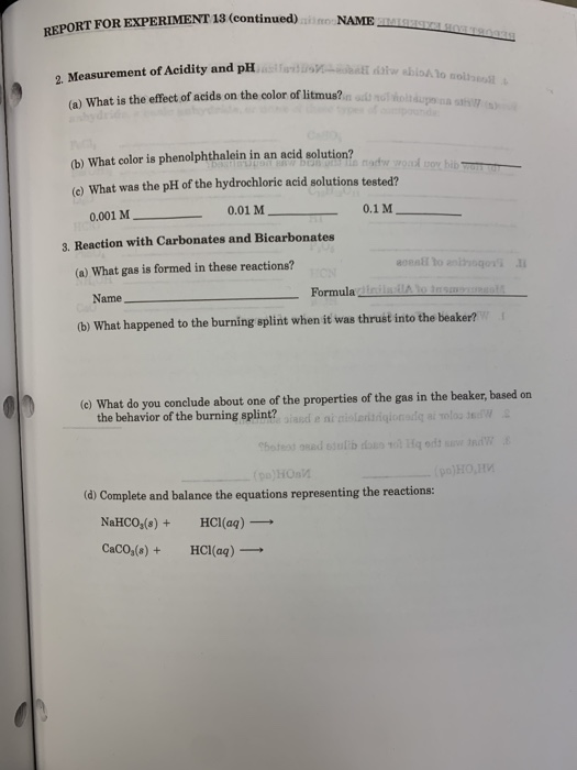 Solved ORT FOR EXPERIMENT 13 (continued) NAME MISIRS of | Chegg.com
