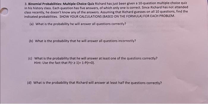Solved 3. Binomial Probabilities: Multiple-Choice Quiz | Chegg.com
