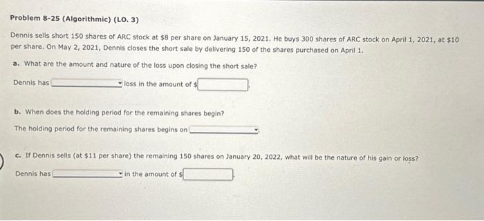 Solved Problem 8-25 (Algorithmic) (LO. 3) Dennis sells short | Chegg.com