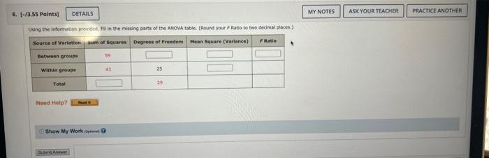 Solved Fill in the missing parts of the ANOVA table. (Round | Chegg.com