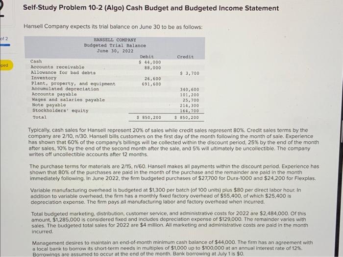 Solved Required information SB Self-Study Problem (Algo) | Chegg.com