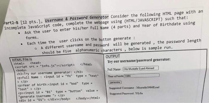 Solved Part2-B [12 pts.], Username \& Password Generator | Chegg.com