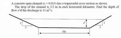 Solved A concrete open channel (n = 0.013) bas a trapezoidal | Chegg.com