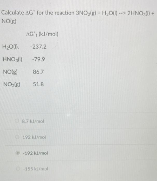 Solved Calculate ΔG∘ for the reaction 3NO2( | Chegg.com