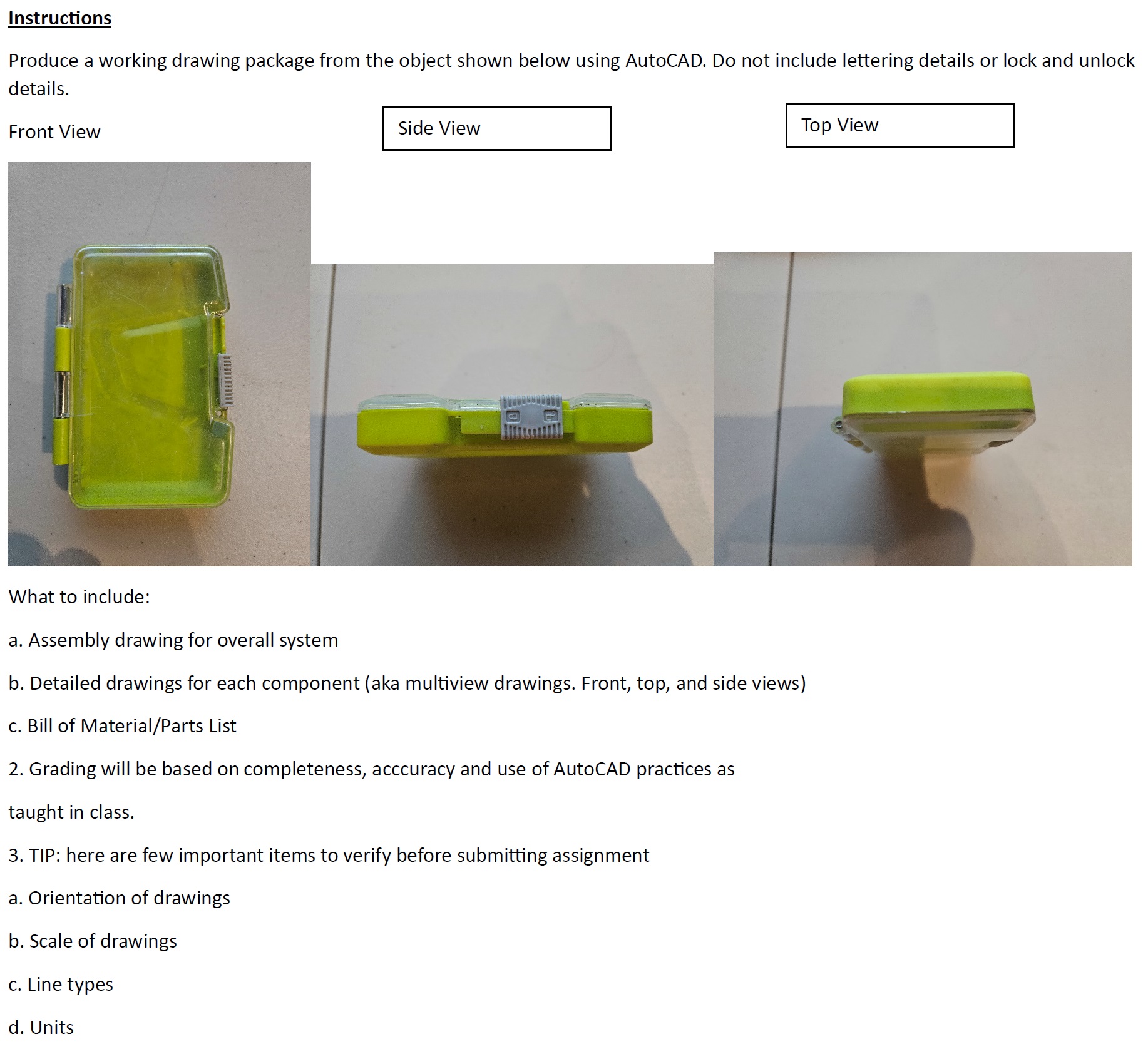 Produce a working drawing package from the object | Chegg.com