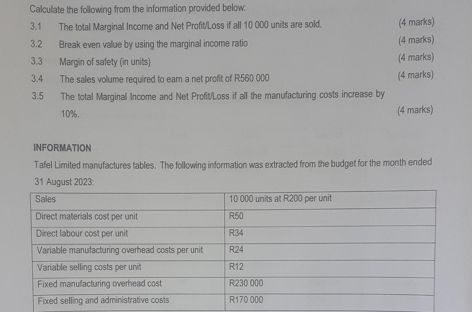 Solved Calculate the following from the information provided | Chegg.com