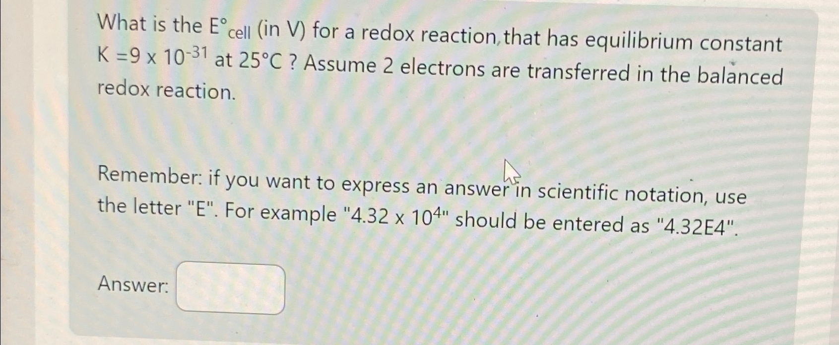 Solved What is the E° ﻿cell (in V ) ﻿for a redox reaction, | Chegg.com