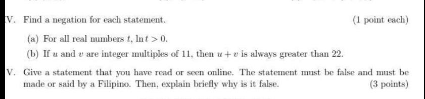 Solved Find a negation for each statement. (1 point each) | Chegg.com