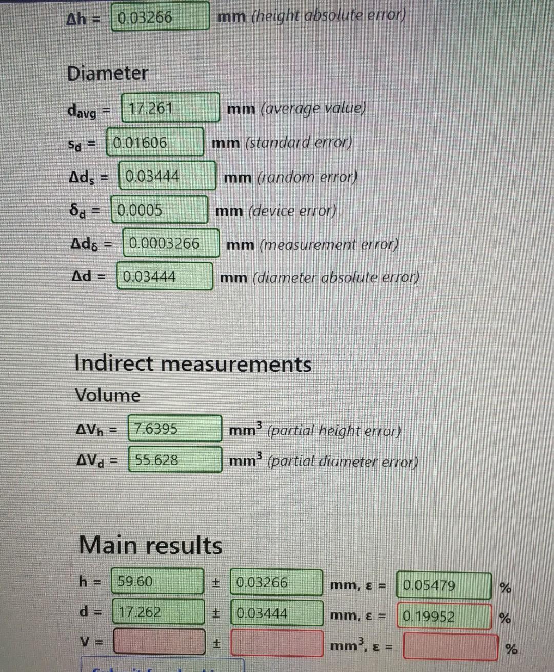 Solved Δh= mm (height absolute error) Diameter | Chegg.com