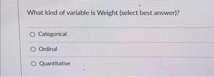 Solved What kind of variable is Weight (select best answer)? | Chegg.com