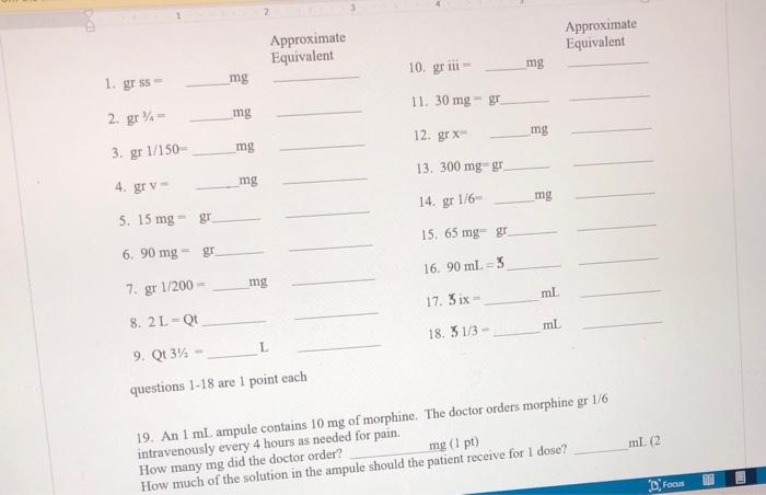 Solved Approximate Equivalent Approximate Equivalent 10 gr | Chegg.com