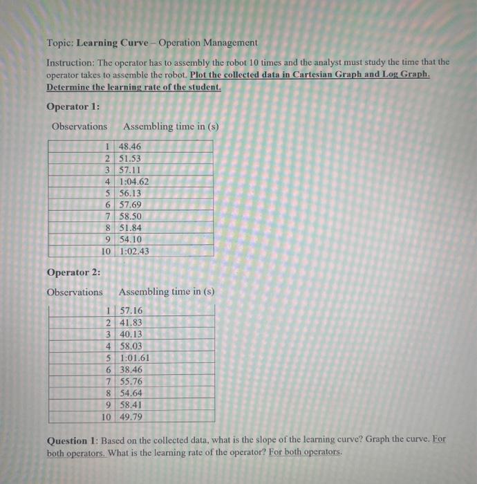 Solved Topic: Learning Curve - Operation Management | Chegg.com