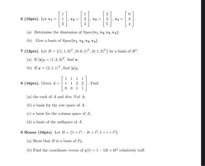 Solved 6 (10pts). Let vi = V2 V3 = V4= (a) Determine the | Chegg.com