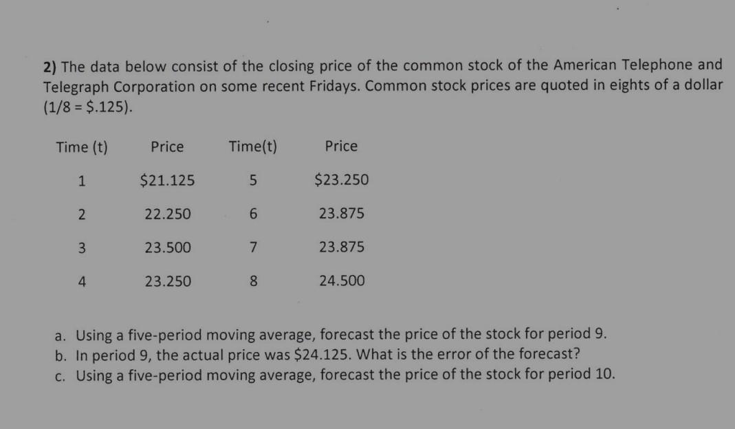 Solved 2) The data below consist of the closing price of the | Chegg.com