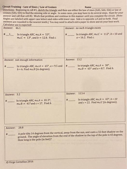 Solved Circuit Training - Law of Sines / Law of Cosines Name | Chegg.com