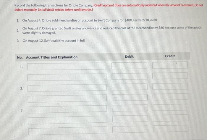 Solved Record the following transactions for Oriole Company. | Chegg.com