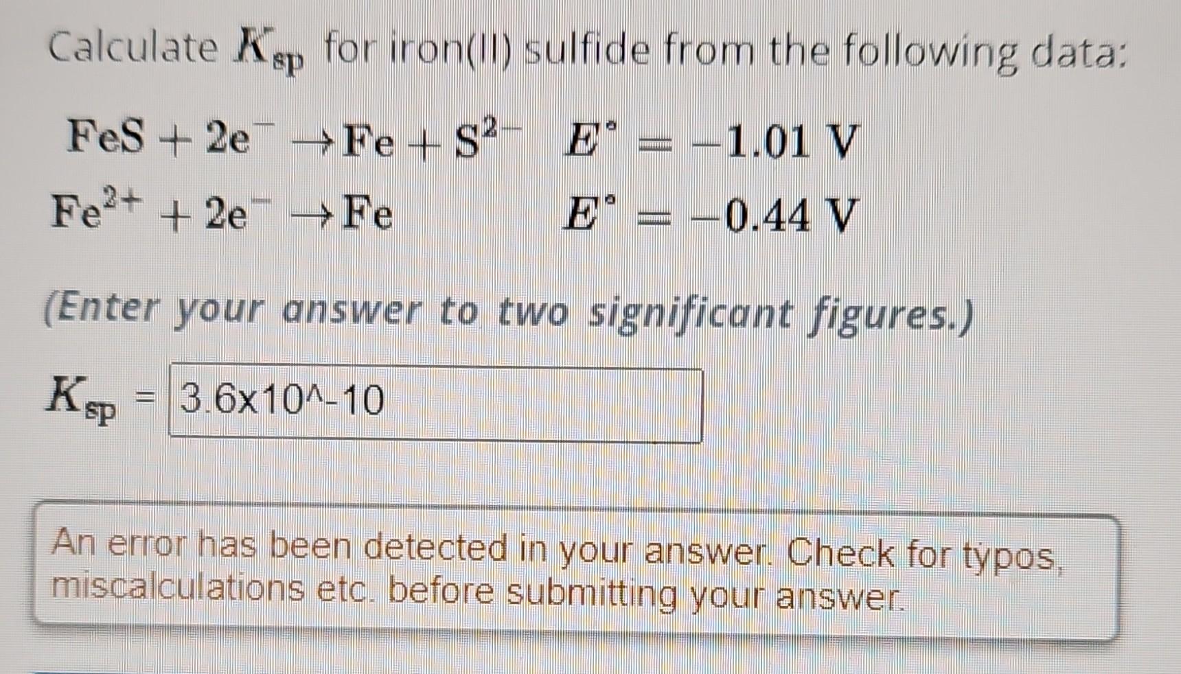 Solved Calculate Ksp for iron(II) sulfide from the | Chegg.com