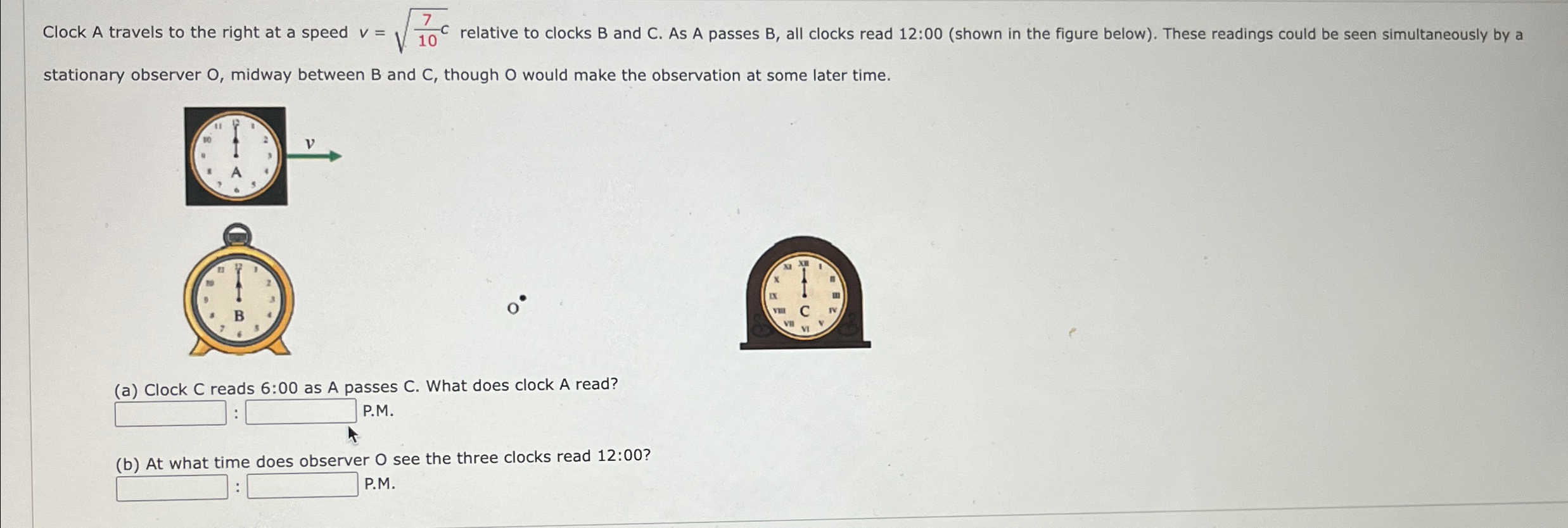 Solved Clock A travels to the right at a speed v=7102 | Chegg.com