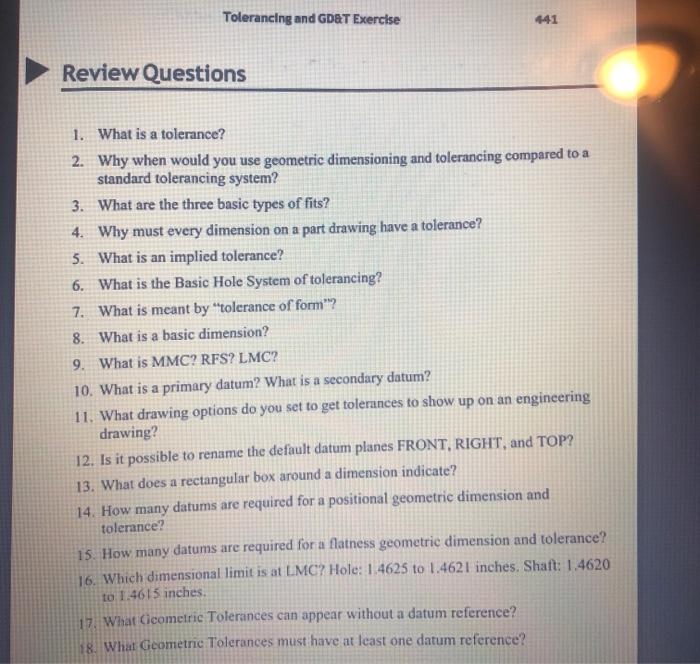 Solved Tolerancing and GD&T Exercise 441 Review Questions 1. | Chegg.com