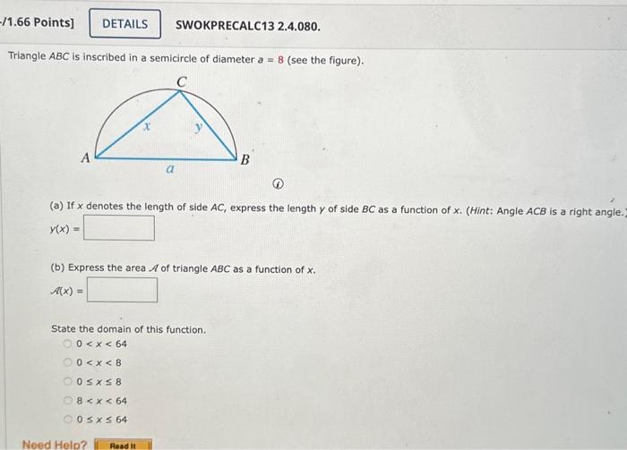 Solved Triangle ABC is inscribed in a semicircle of diameter | Chegg.com