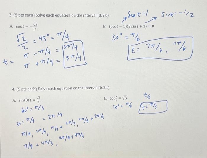 Solved 3. ( 5pts each) Solve each equation on the interval | Chegg.com