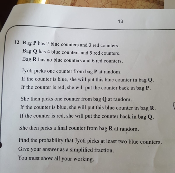 Solved 12 Bag P has 7 blue counters and 3 red counters. Bag | Chegg.com