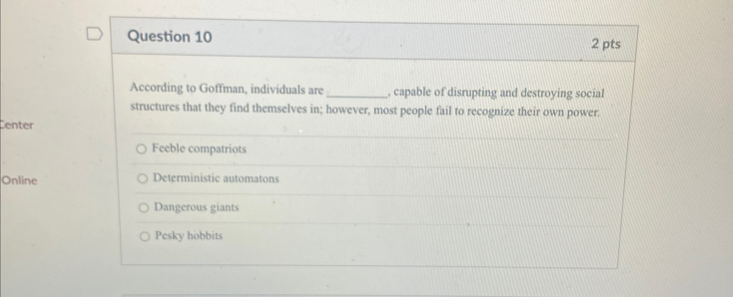 Solved Question 102 ﻿ptsAccording to Goffman, individuals | Chegg.com