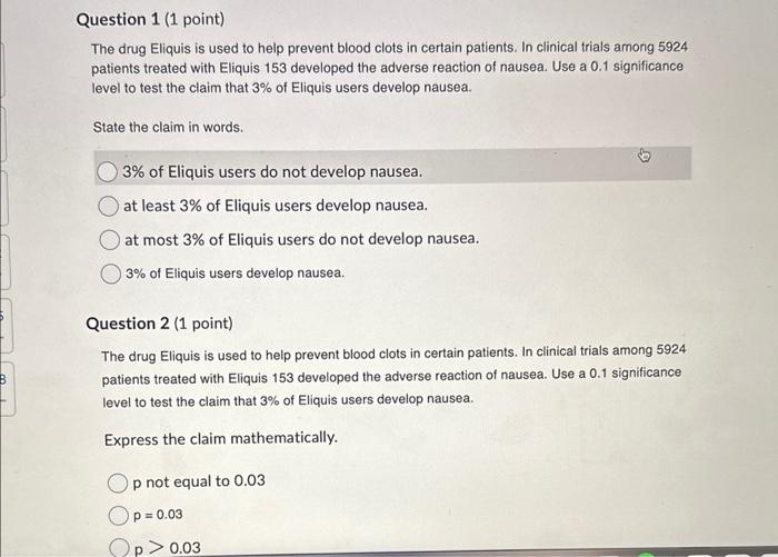 Solved The drug Eliquis is used to help prevent blood clots | Chegg.com