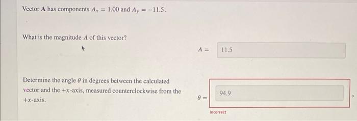 Solved Vector A has components Ax=1.00 and Ay=−11.5. What is | Chegg.com
