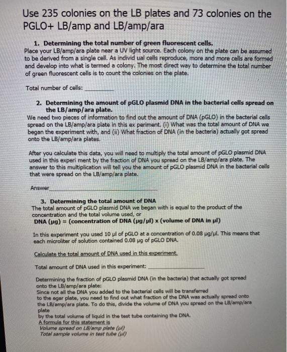 Solved Use 235 colonies on the LB plates and 73 colonies on | Chegg.com