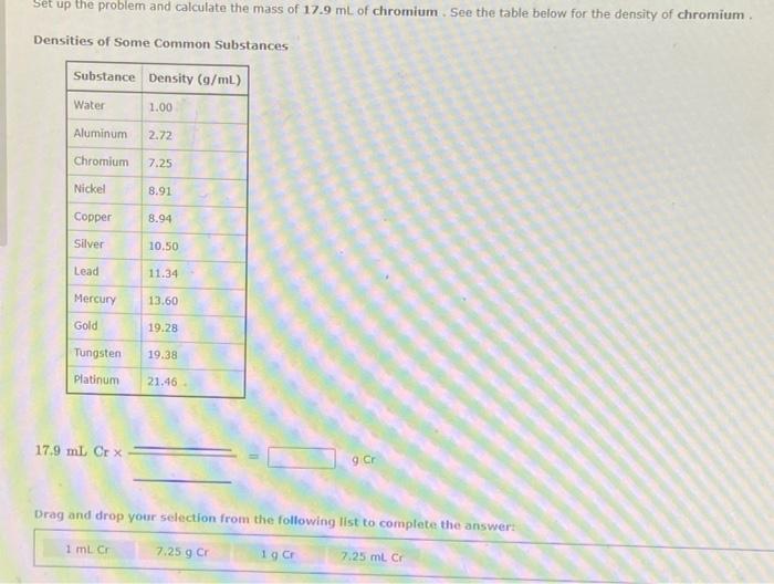 Solved Set up the problem and calculate the mass of 17.9 mL | Chegg.com