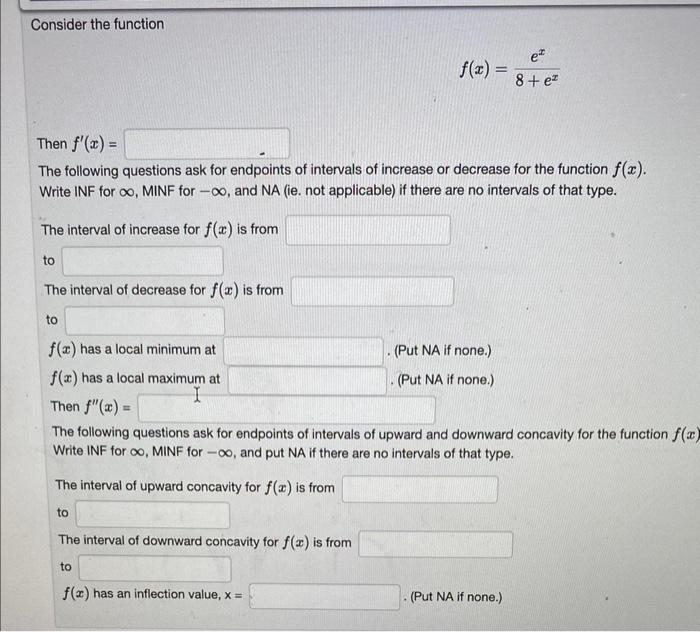 Solved Consider the function f(x)=8+exex Then f′(x)= The | Chegg.com