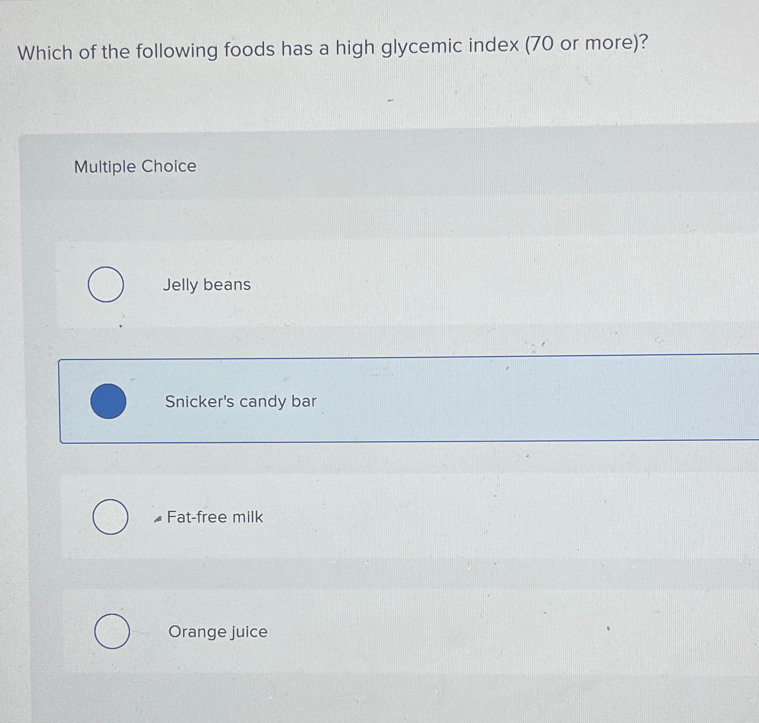 Solved Which of the following foods has a high glycemic | Chegg.com
