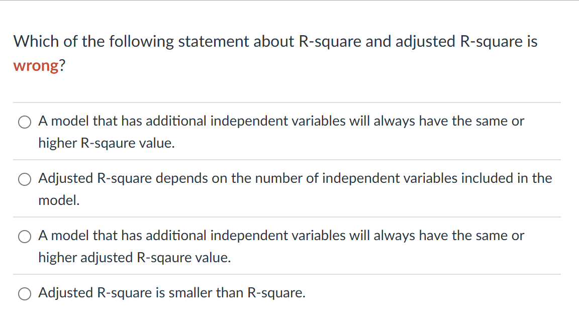 Solved Which of the following statement about R -square and | Chegg.com