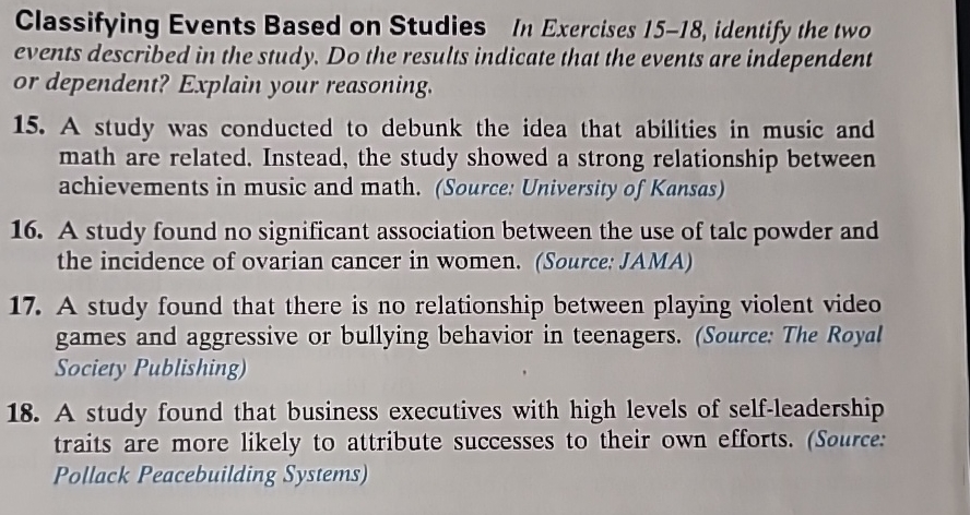 Solved Classifying Events Based on Studies In Exercises | Chegg.com