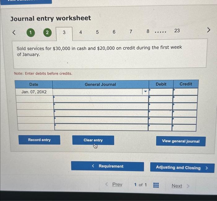 Solved Journal entry worksheet 45678…23 Sold services for | Chegg.com