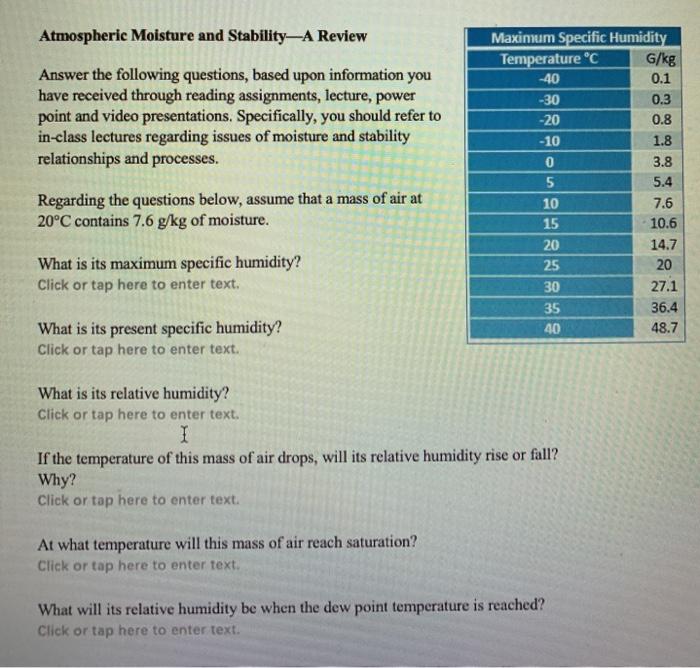 Solved Atmospheric Moisture and Stability–A Review Answer | Chegg.com