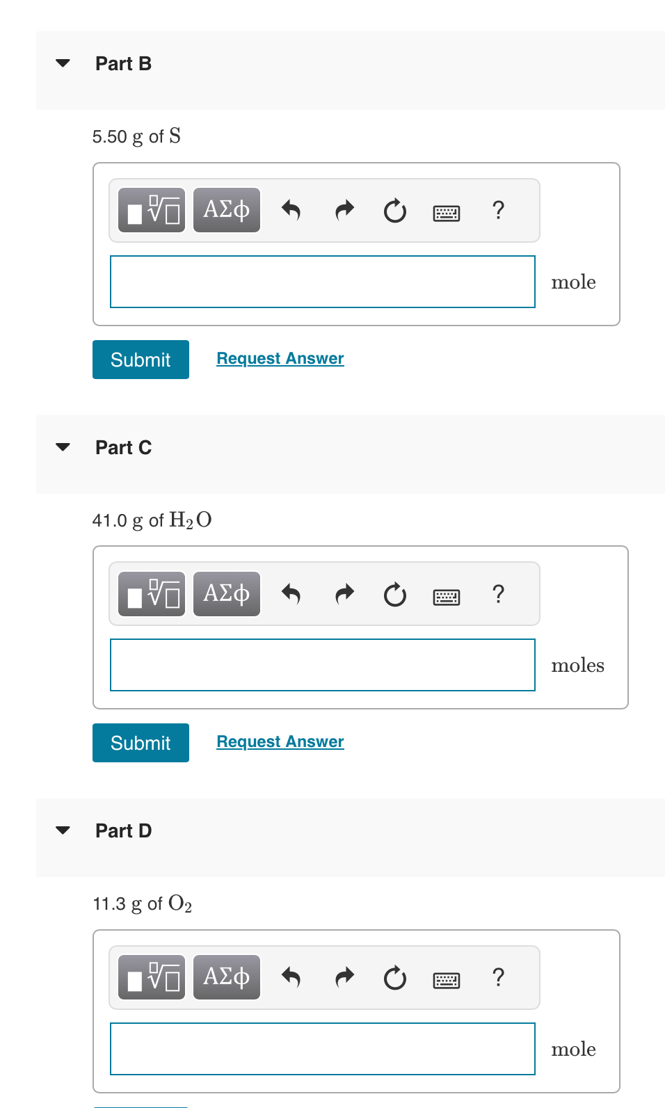 Solved Part B5.50g ﻿of S[16] ﻿mole Part C41.0g ﻿of H2O, | Chegg.com