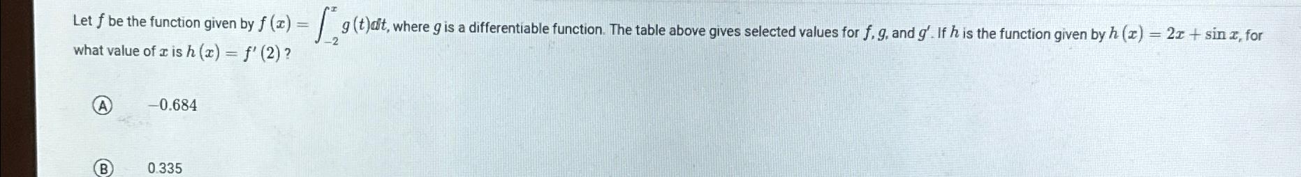 Solved Let f ﻿be the function given by f(x)=∫-2xg(t)ddt, | Chegg.com