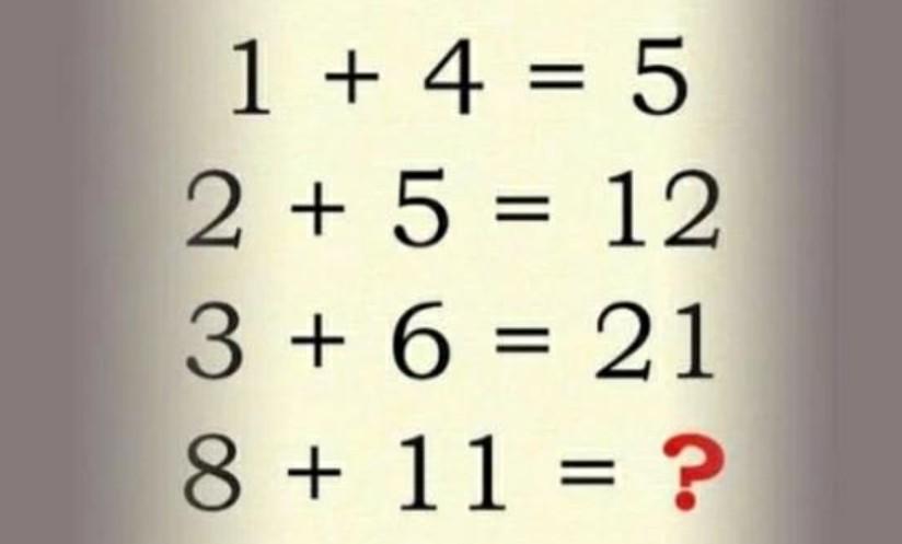 Solved = 1 + 4 = 5 2 + 5 = 12 3 + 6 = 21 8 + 11 = ? = = | Chegg.com