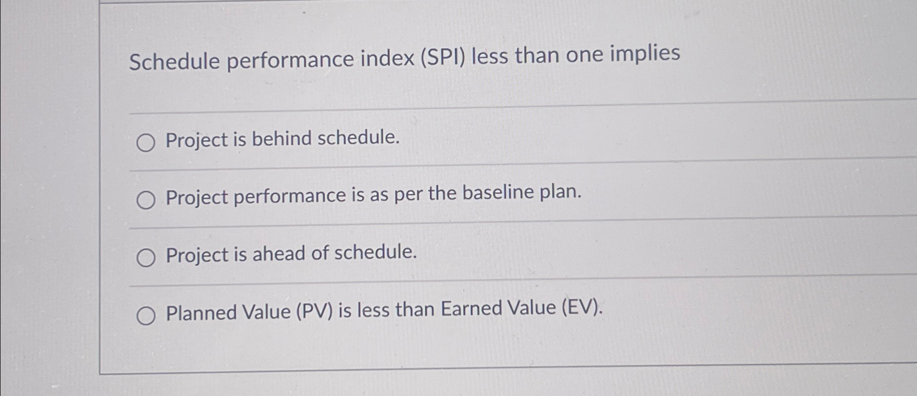 Solved Schedule performance index (SPI) ﻿less than one | Chegg.com