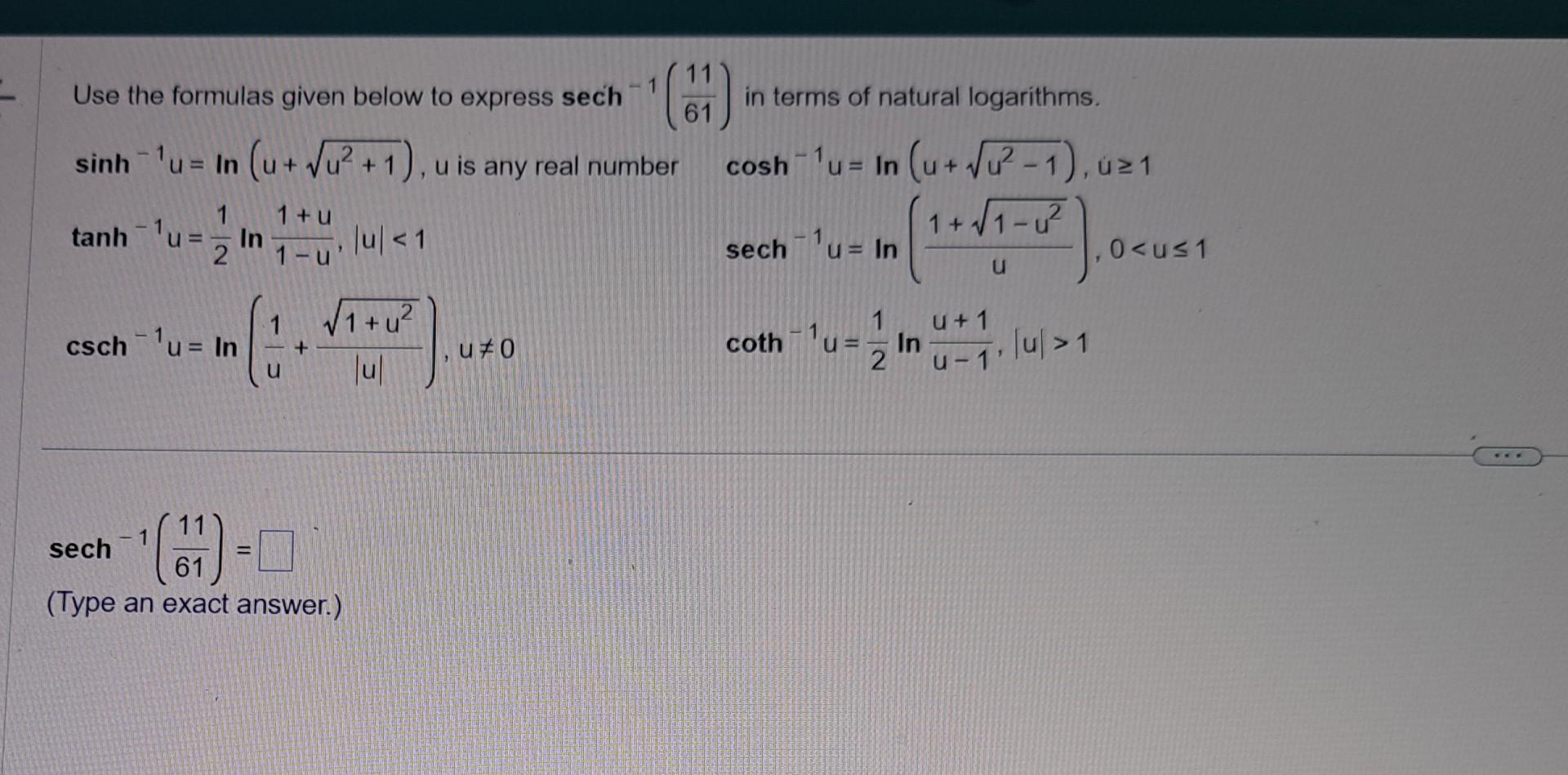 Solved Use the formulas given below to express sech sinh - | Chegg.com